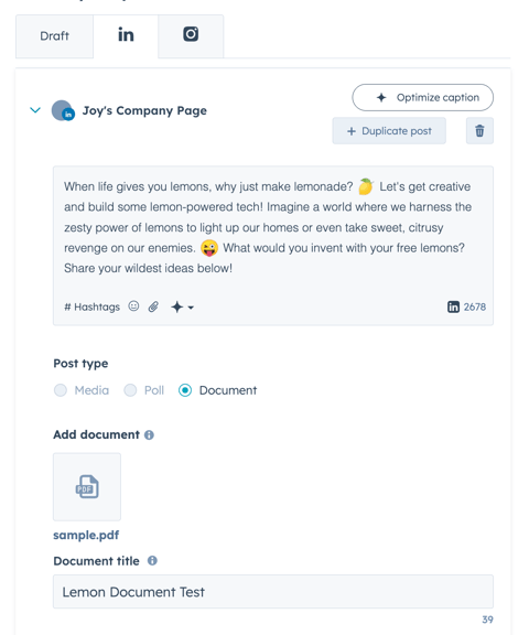 Create and publish LinkedIn social posts